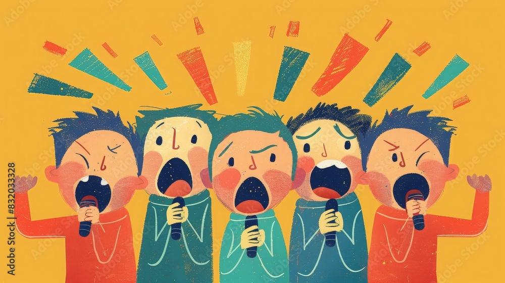 Colorful illustration of animated kids singing loudly into microphones ...