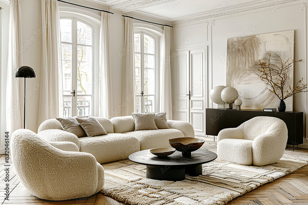 Boucle lounge chairs and sofa in classic room. Minimalist interior ...