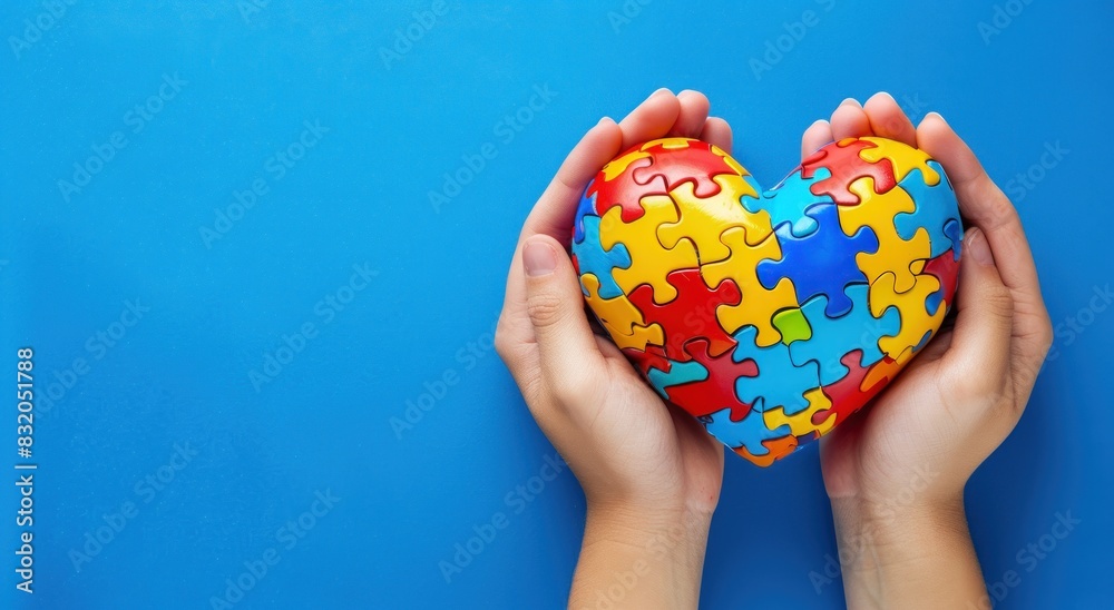 hands holding puzzle hearts on a light blue background. World autism ...