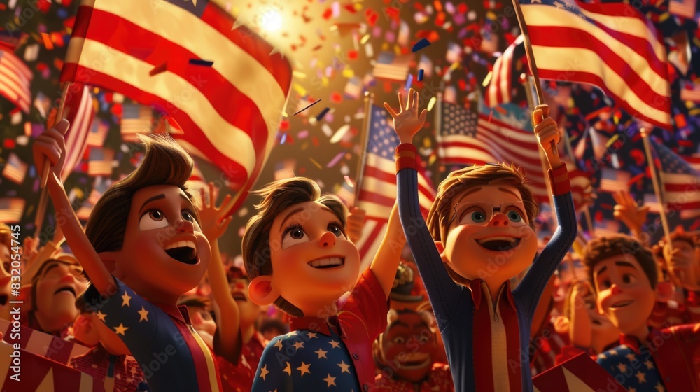 A group of animated characters waves American flags in excitement ...