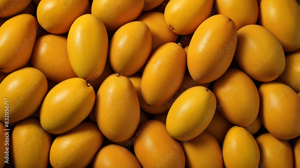 Closeup of A stack of ripe yellow mangoes aligned in a pattern as a ...