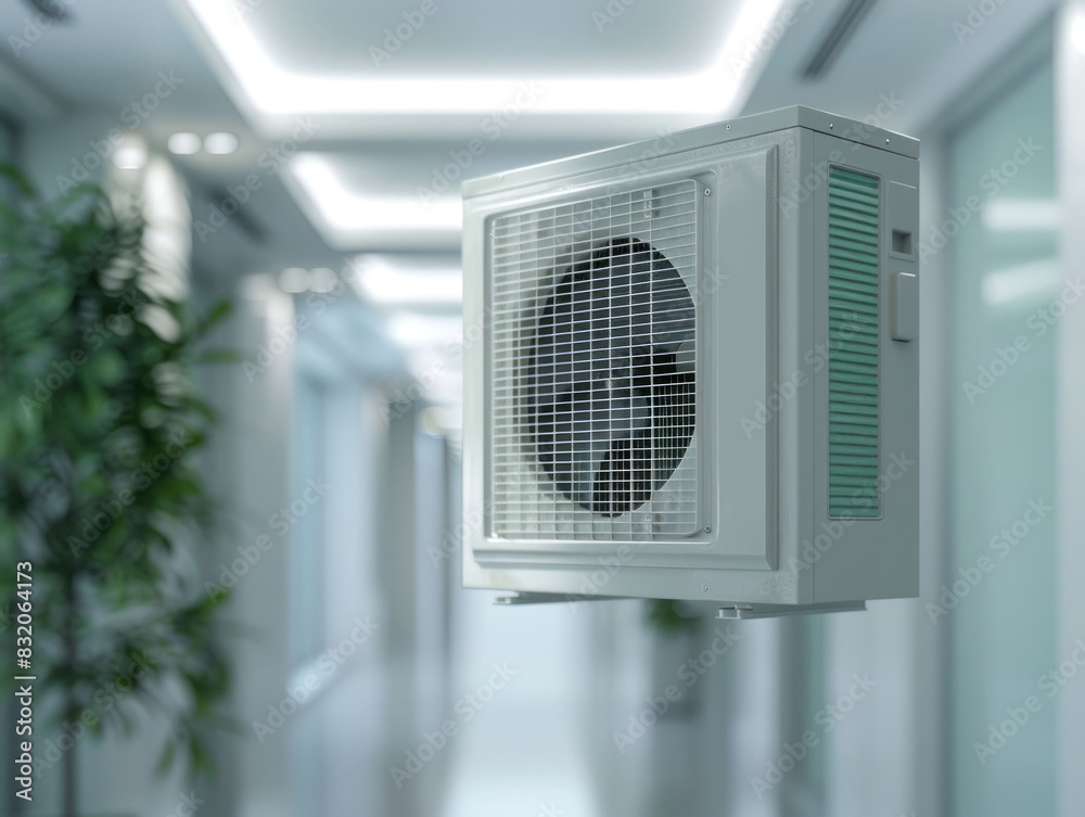 Interior room with ceiling mounted cassette type air conditioner ...