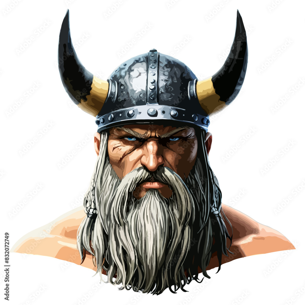A male Viking warrior with long white beard, wearing a horned helmet ...