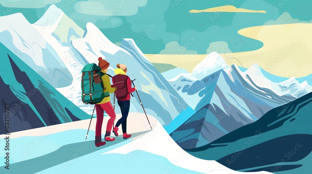 Glacier trek brochure flat design side view adventure tourism theme ...