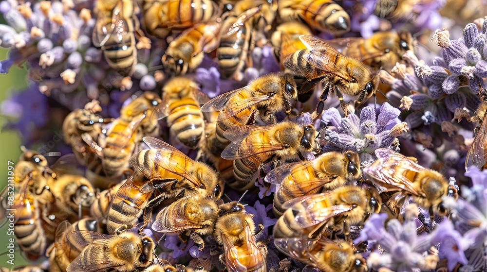 Honey bees swarm around flowering lavender bush. Honey, bees in the ...