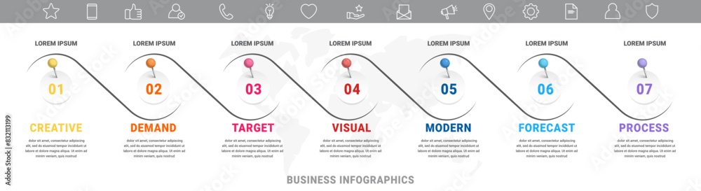 Vector timeline infographics template with seven circles and options ...