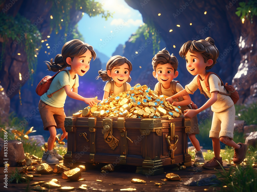 Ai generate illustration of a child finding a golden treasure in the ...