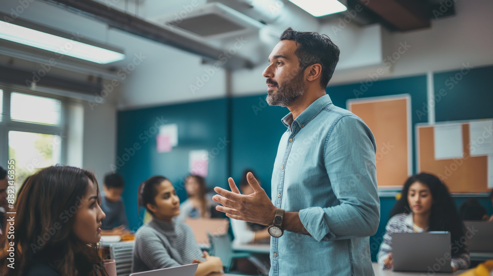 Educator gesturing broadly while speaking to students in a modern ...