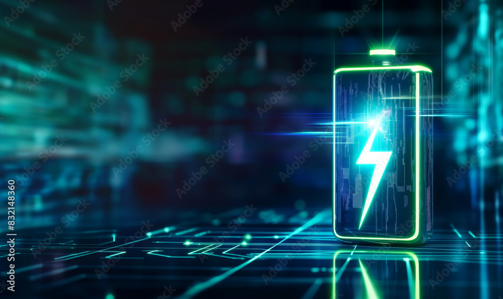 Glowing green power neon futuristic energy storage, high capacity ...