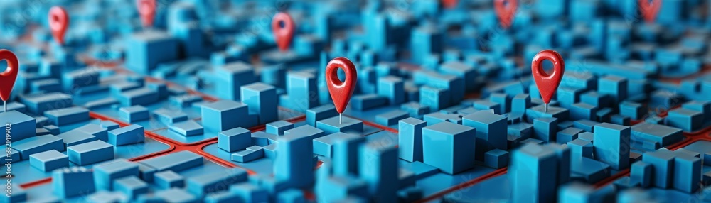 3D stylized map with bold red location pins dominating a sea of blue ...