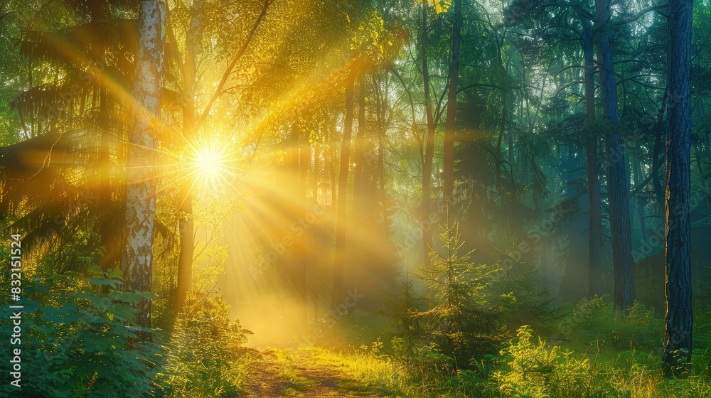 Radiant sunburst through dense, misty forest canopy at sunrise Stock ...
