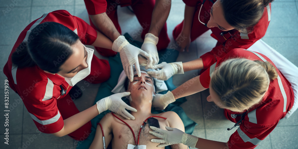 Emergency medical team provides immediate care to a patient from an ...
