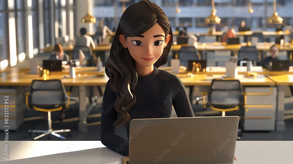 3D woman character focused on her laptop, with an office background ...