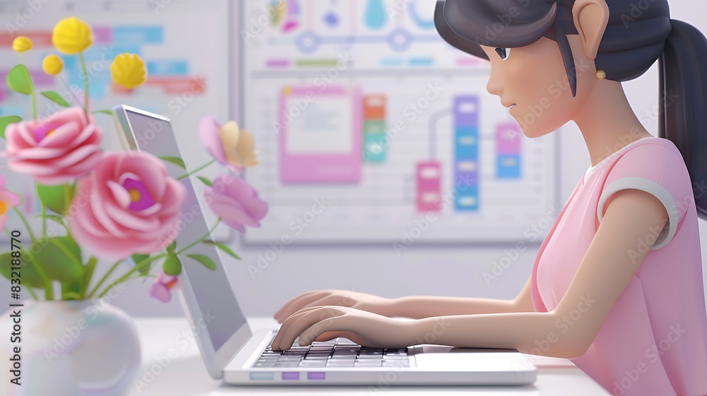 3D woman character typing on a laptop, with product lifecycle charts in ...