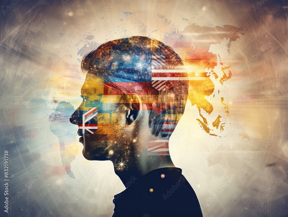 Silhouette of a man's head with world flags blended into his profile ...