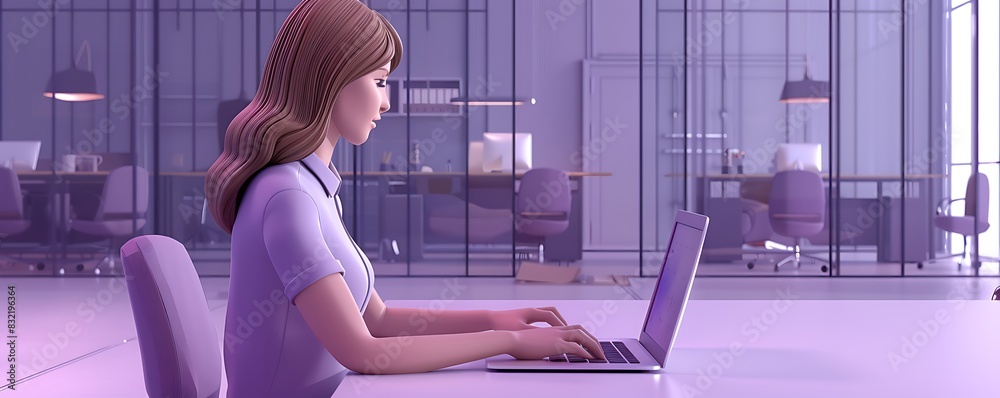 3D woman character typing on a laptop, with an office background ...