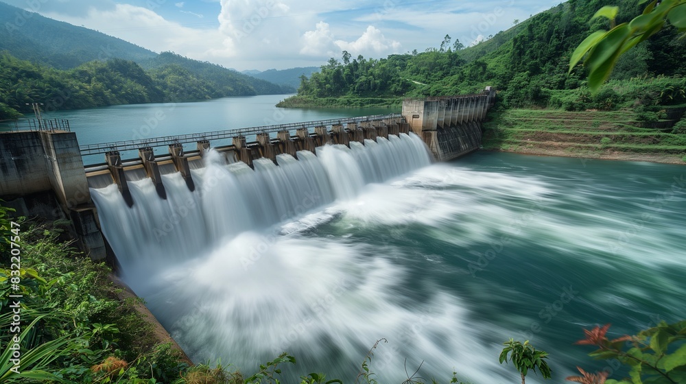 The downstream view from a hydroelectric dam, focusing on the water's ...