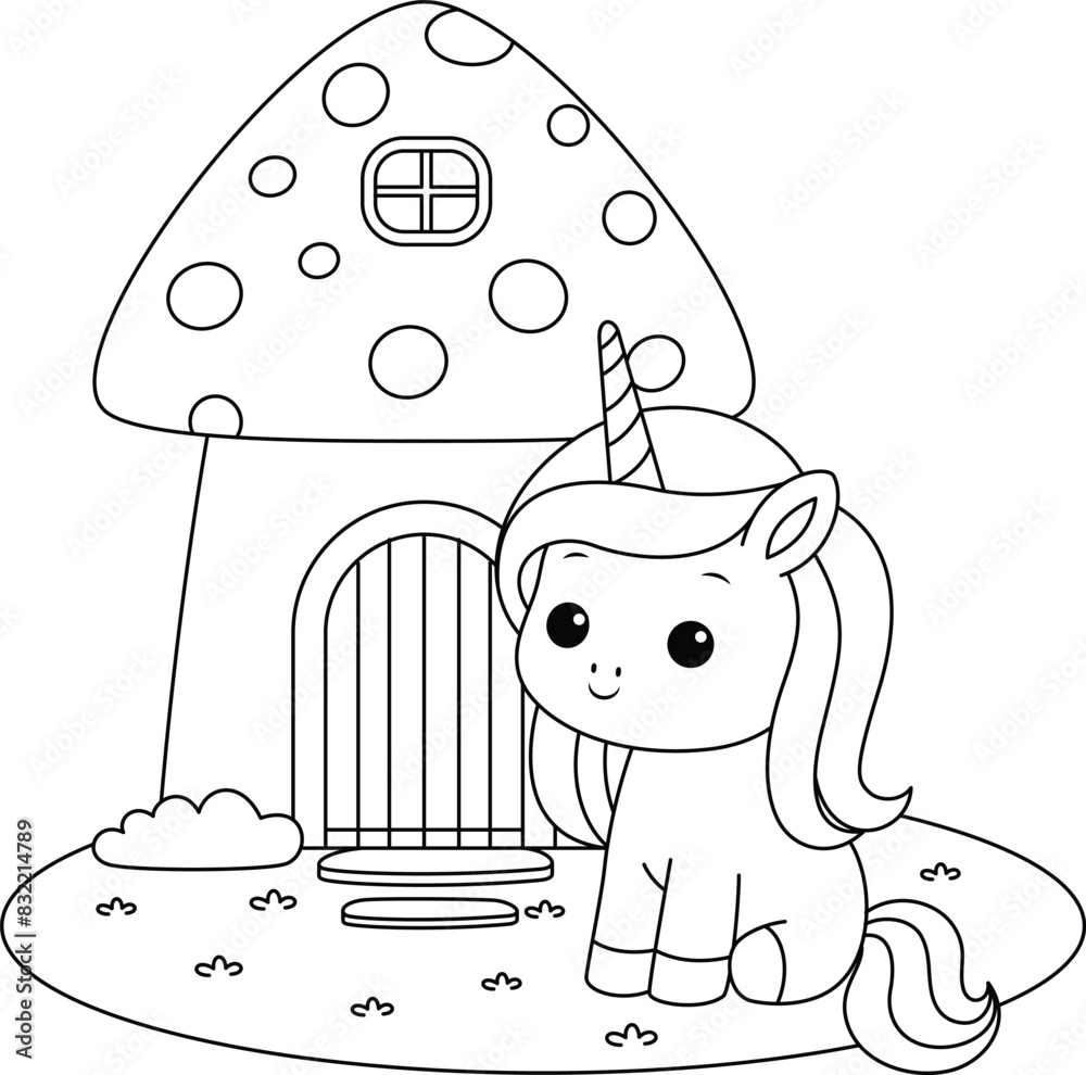 Cute kawaii happy birthday unicorn and mushroom house coloring page for ...