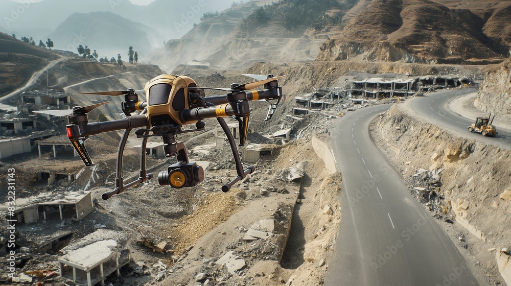 A disaster assessment drone mapping damage after an earthquake, with a ...
