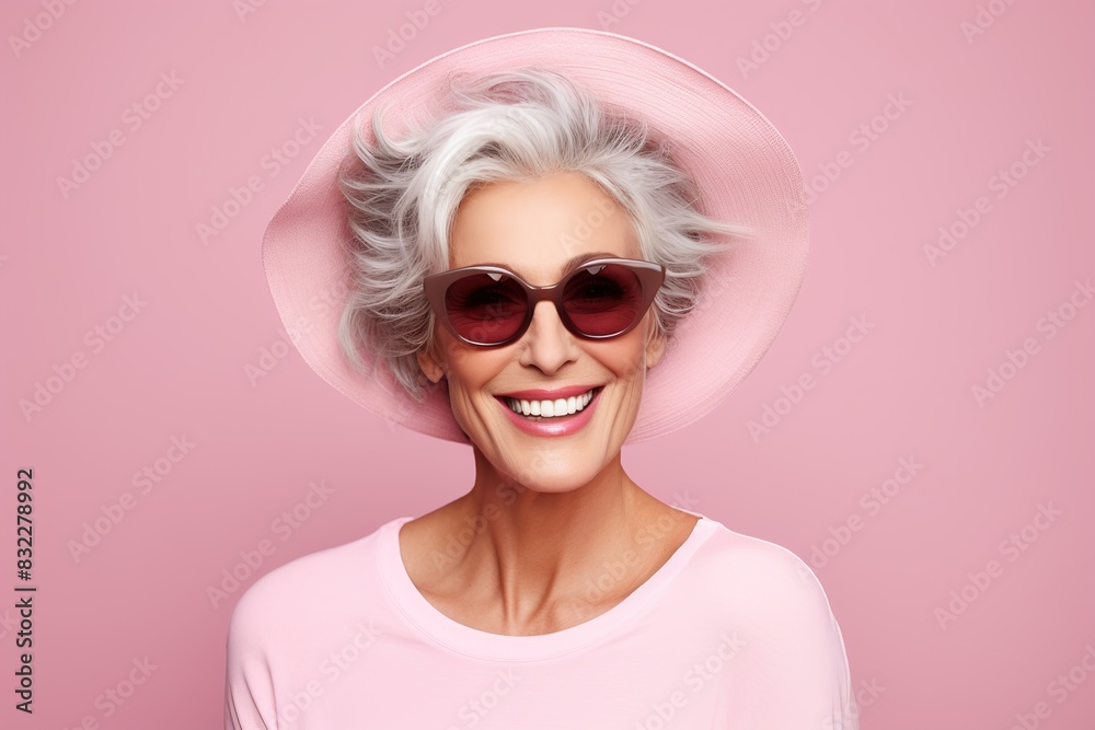 Happy cheerful positive old woman smiling wide and look straight on ...