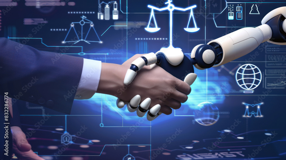 Abstract representation of AI ethics showing a robotic hand shaking ...