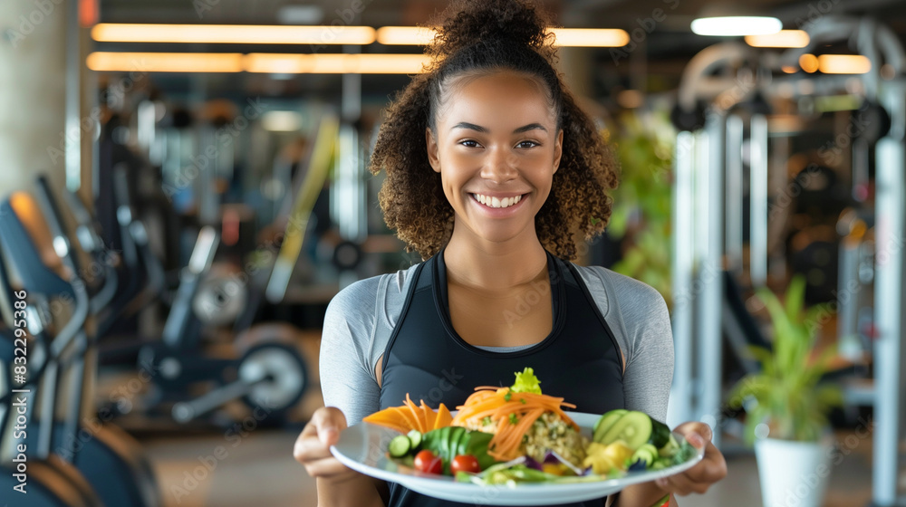 Fitness trainer holding a plate of balanced meals with fresh vegetables ...