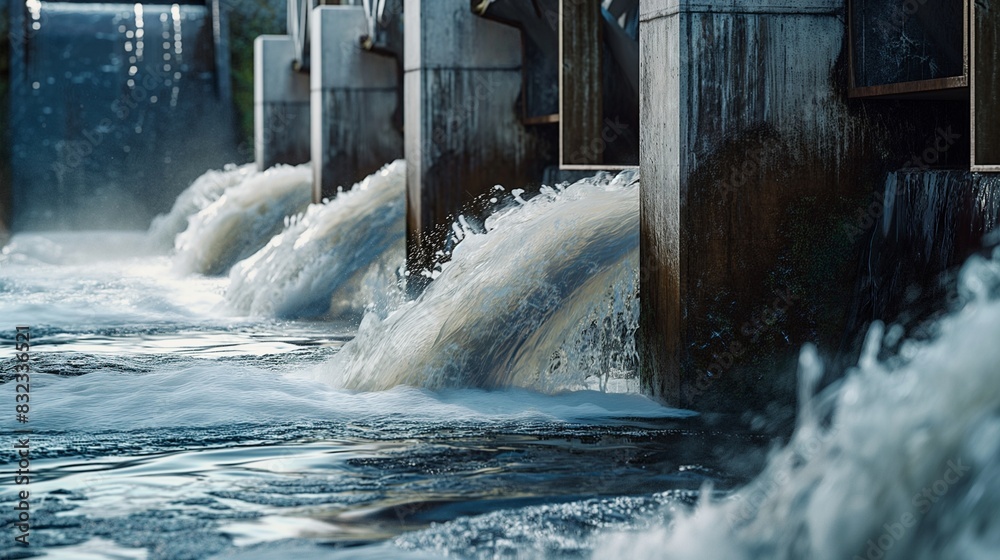 A close-up of the flowing water through a hydroelectric dam's spillway ...