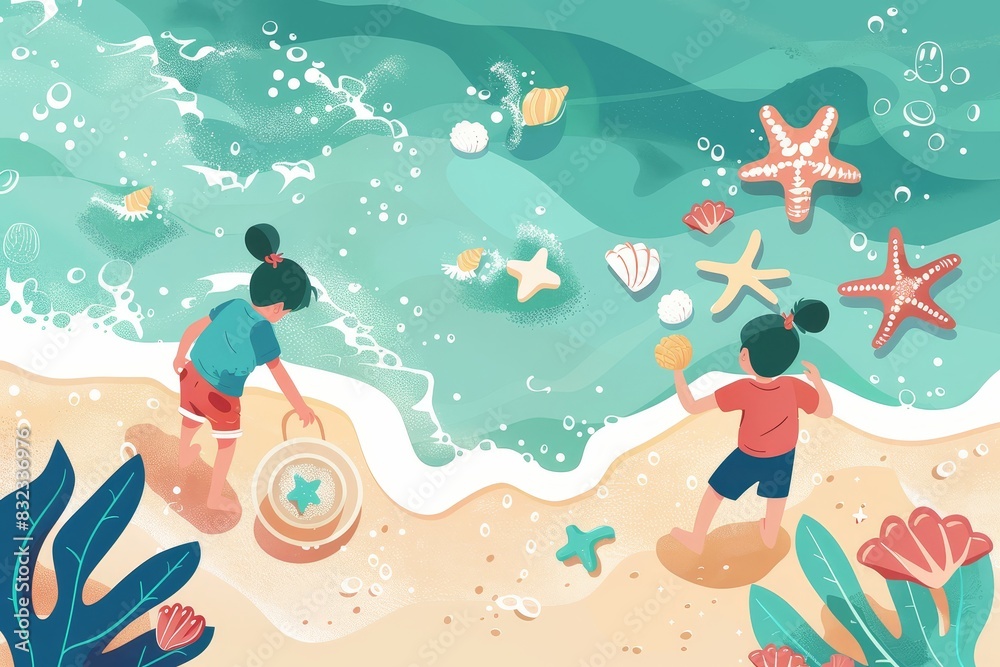 Top view animation of a beach scene with children collecting shells in ...