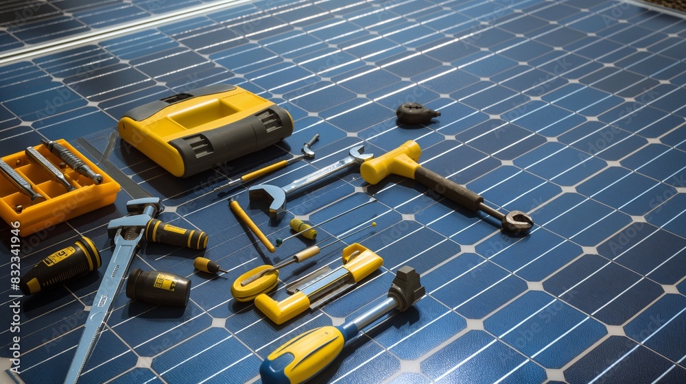 A solar panel technician's toolkit laid out next to a panel, focusing ...