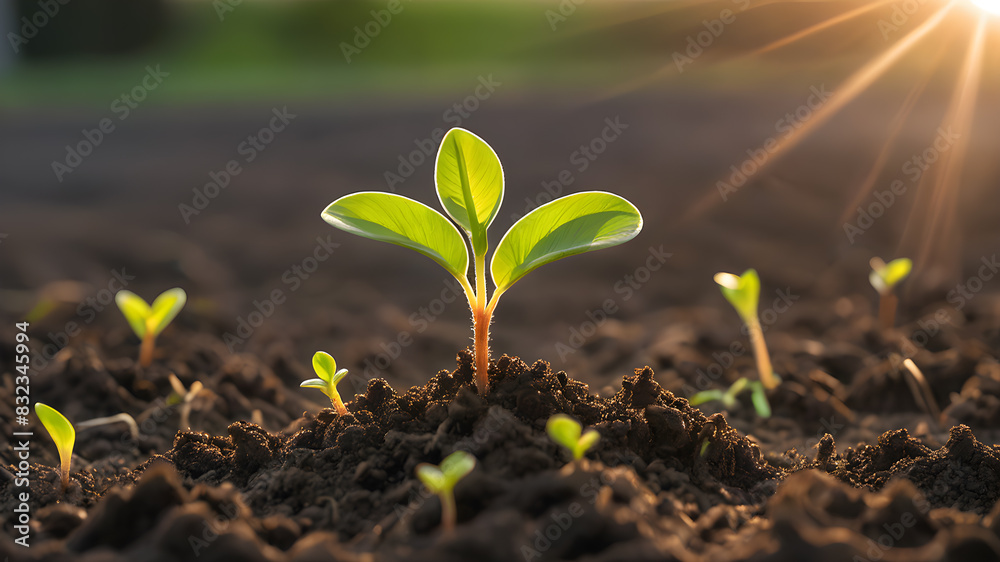 Developing plant, Young plant with ground backdrop and dawn light, New ...