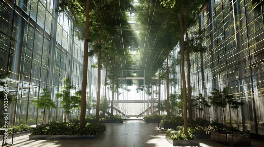 A visualization of a glass office buildinga??s lobby, prominently ...