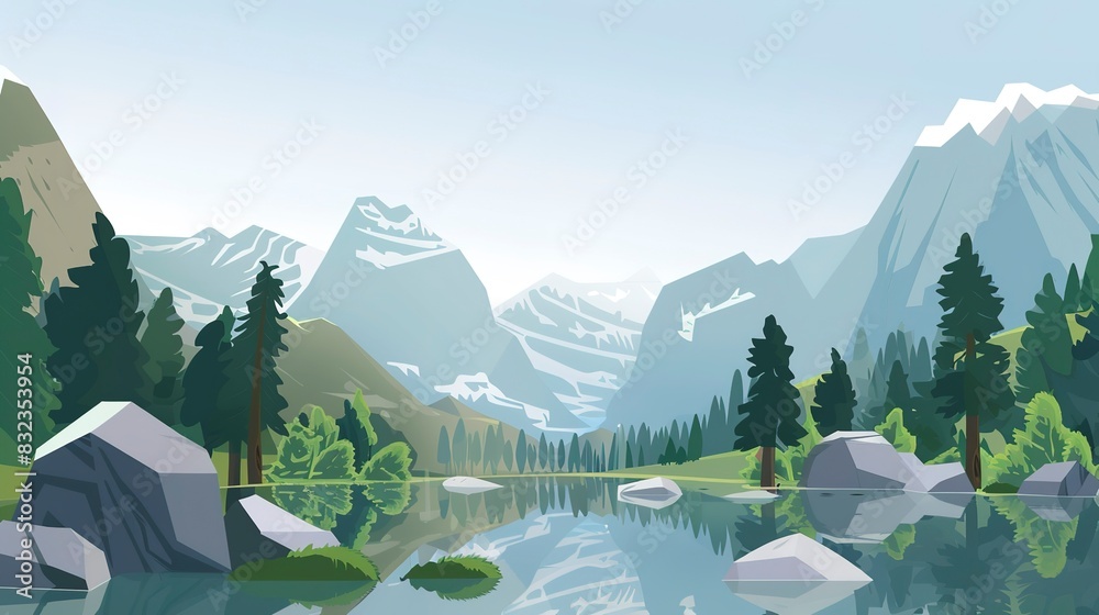 Alpine water bodies vector art flat design front view recreational fishing theme 3D render ...