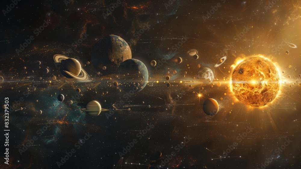 An illustration of the solar system, featuring detailed renderings of ...