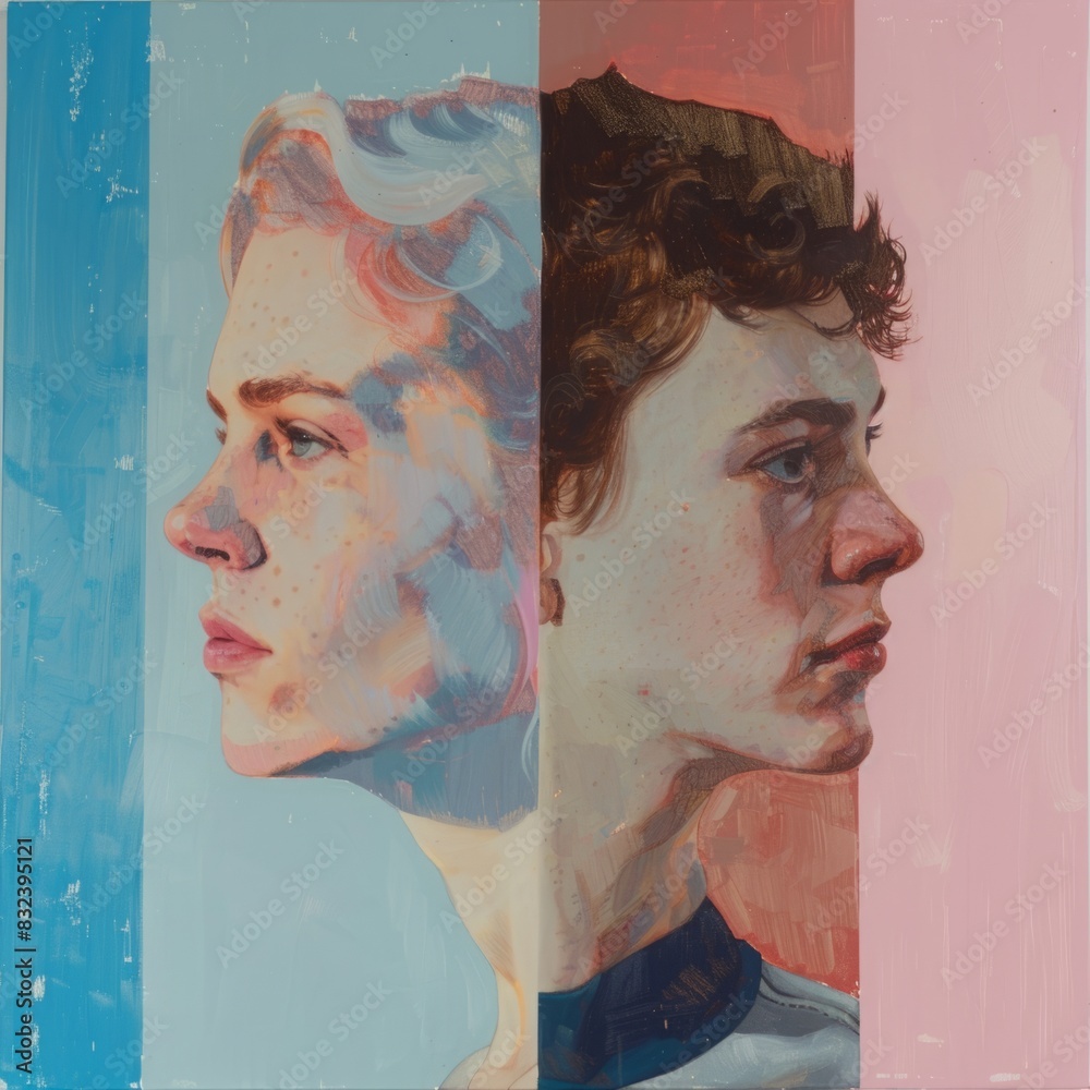Profile portraits of two young people facing each other with a divided ...