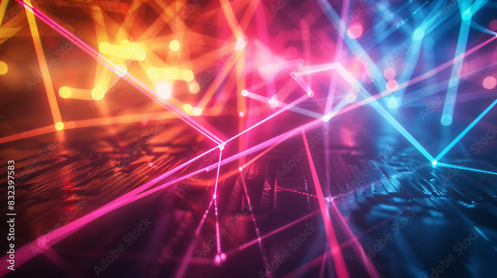 Fluorescent beams creating a vibrant pattern with geometric shapes in a ...