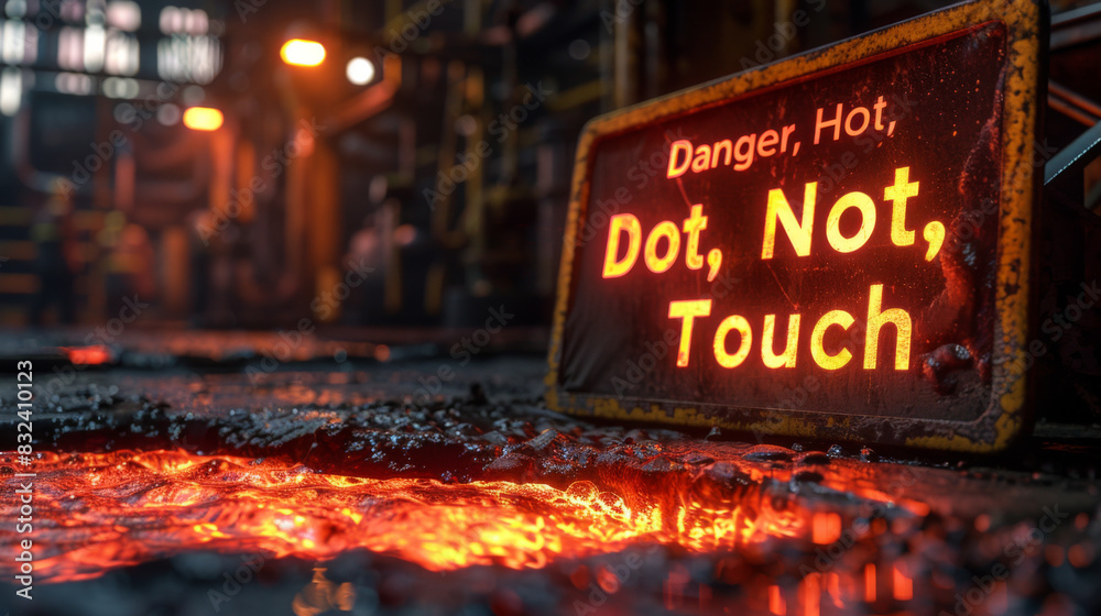 A warning sign indicating a hot surface in an industrial setting with ...
