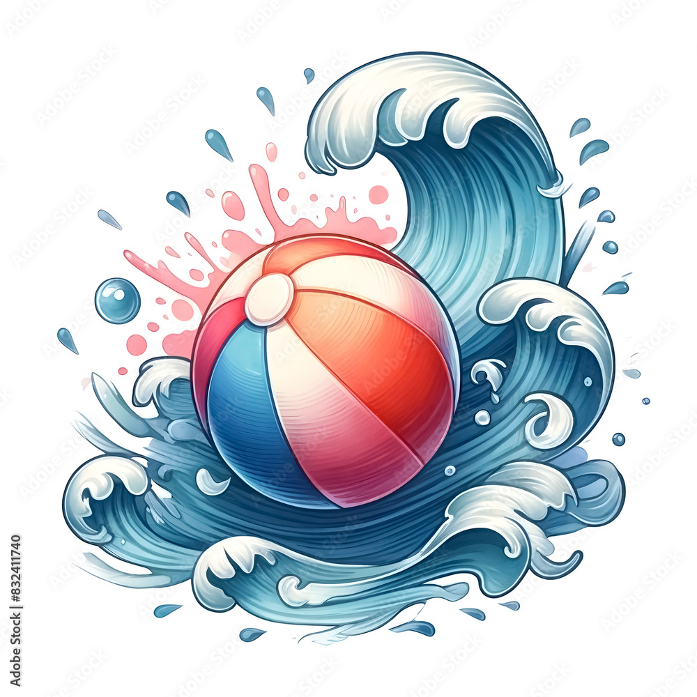 An illustration for summer, rendered in watercolor style, Beach ball ...