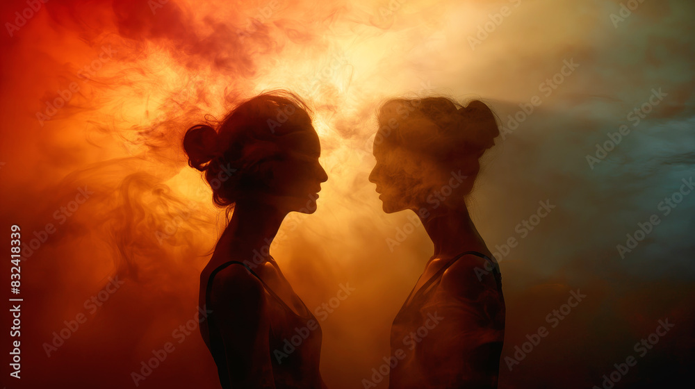 Artistic representation of two female forms against a smoky background ...