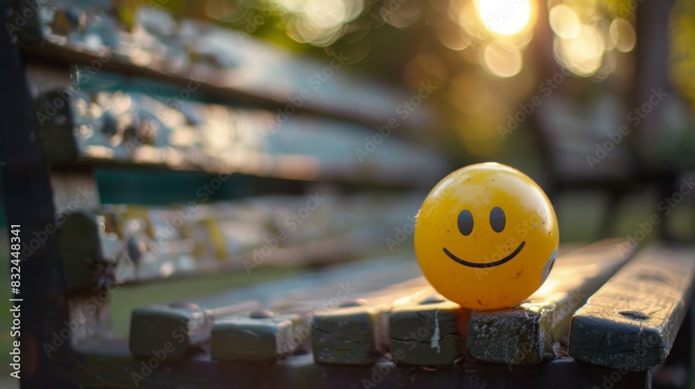 giant yellow ball with a happy face on a park bench on a sunset in high ...