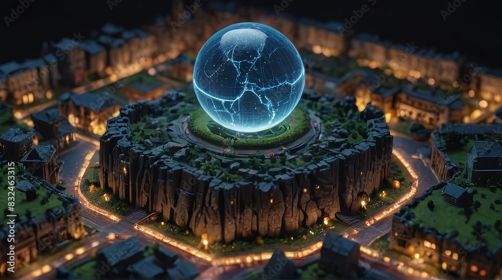 Miniature World with Glowing Earth Globe Stock Illustration | Adobe Stock