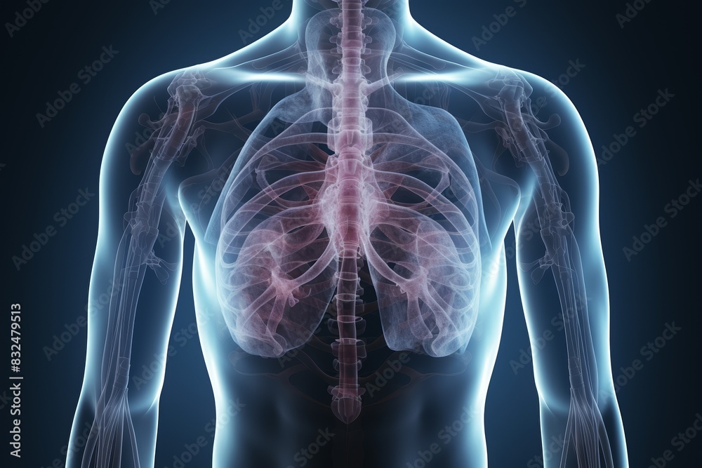 3D render male chest x-ray showing advanced lung cancer, overhead light ...