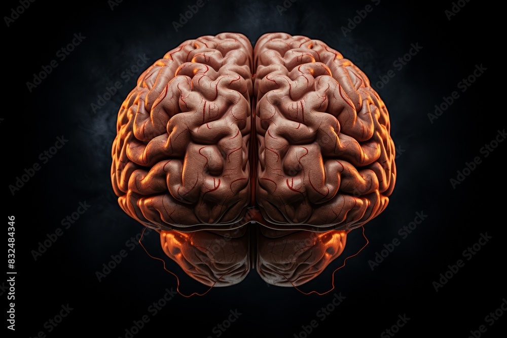 Human brain exposed, head in stress, dark moody lighting, top view ...