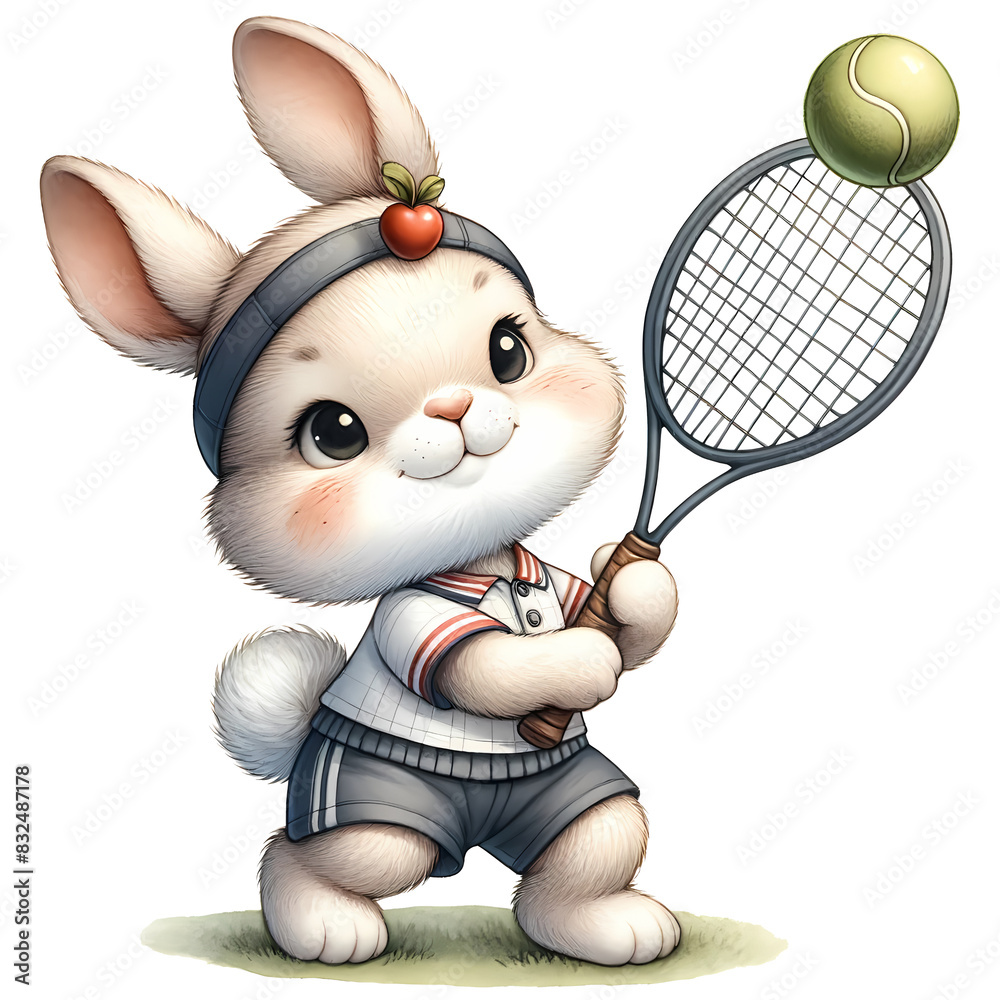 Adorable cartoon bunny in sports attire holding a tennis racket and ...