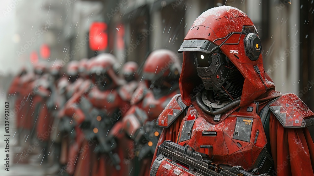Crusader cyborgs with shielded armor and laser crossbows, standing with ...