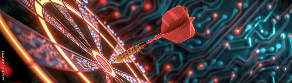 High stakes dart competition A dart in the bullseye against a backdrop ...