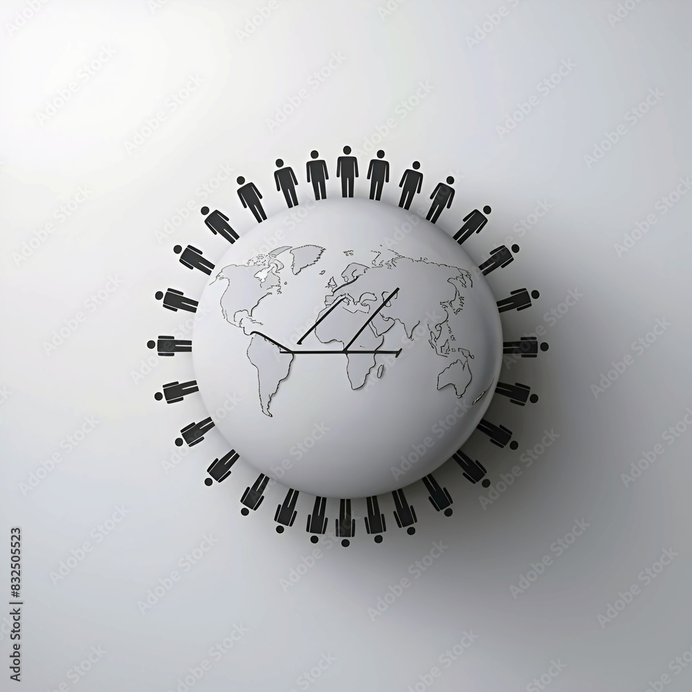 Digital art of diverse people holding hands around a stylized earth, symbolizing global unity ...