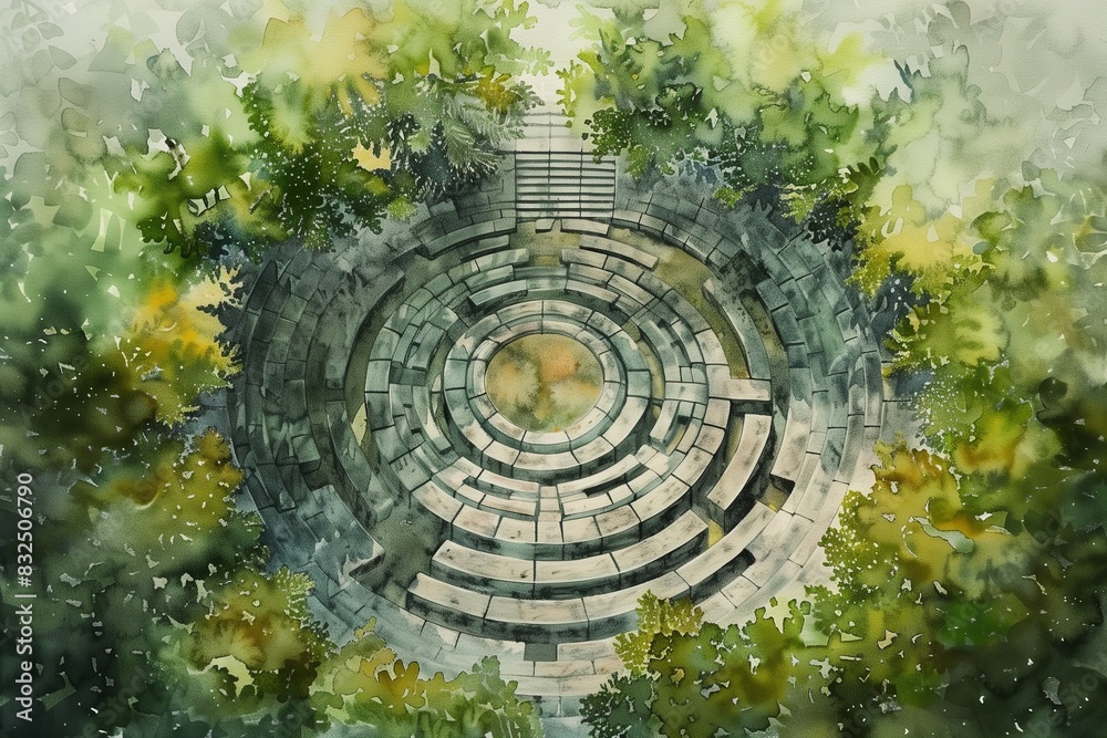 Ancient aztec labyrinth. Top down view on circle ancient maze lost in ...