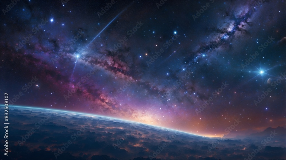 A mesmerizing digital anime depicts a shimmering starry skiff gliding ...