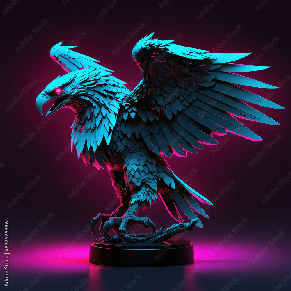 cybernetic eagle with spread wings on a pedestal in a futuristic ...