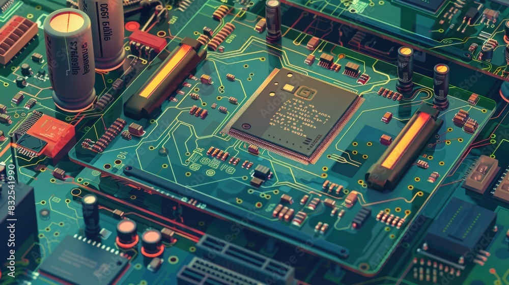 A close-up image of a computer motherboard with various components and ...